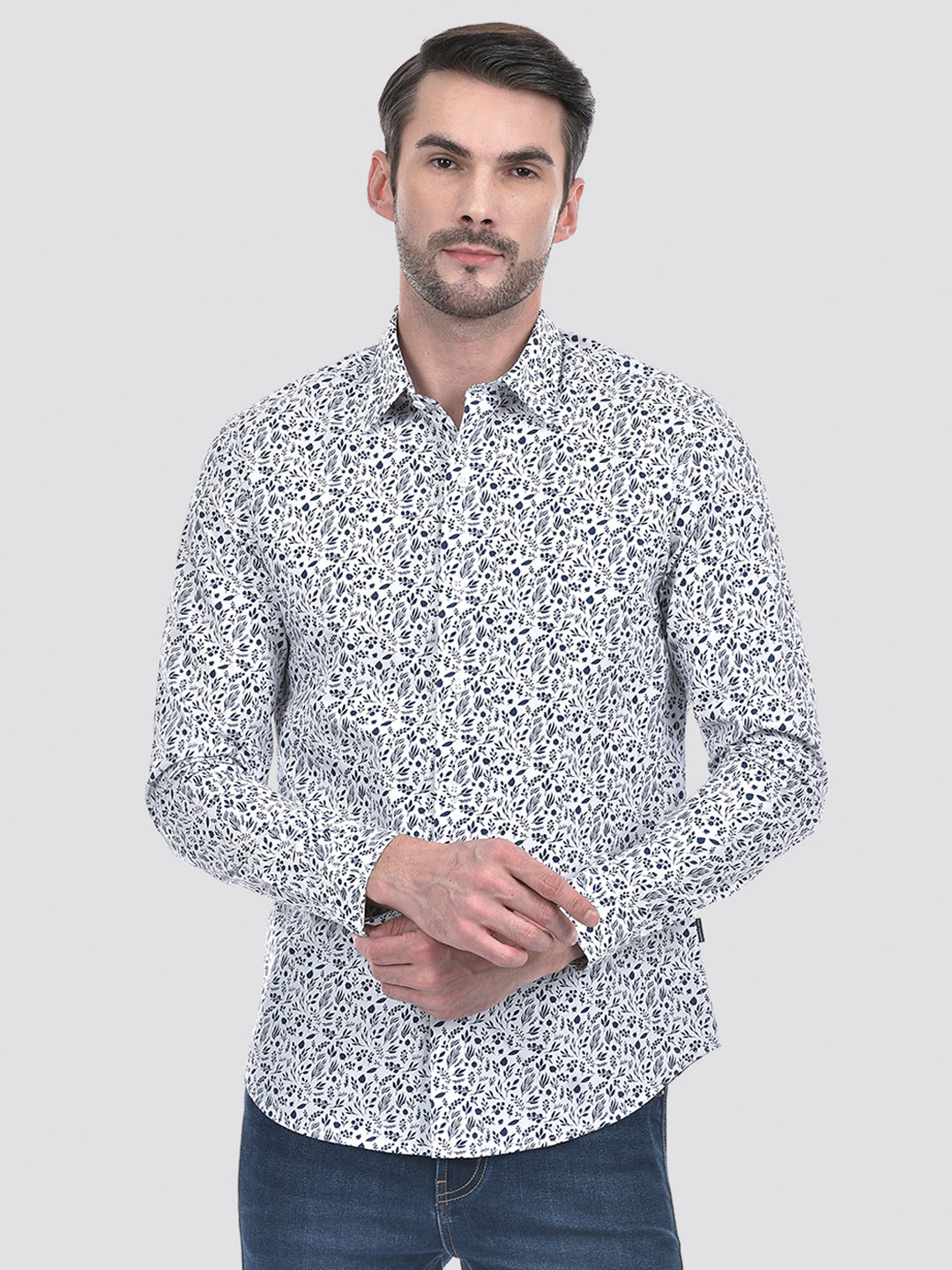 Buy Men's Print White Cotton Blend Slim Fit Shirt Online | Numero Uno