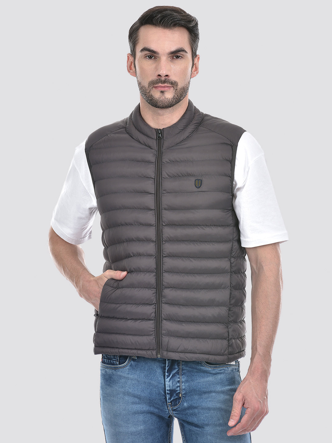 Buy Men's Solid Grey Quilted Regular Fit Jacket Online | Numero Uno