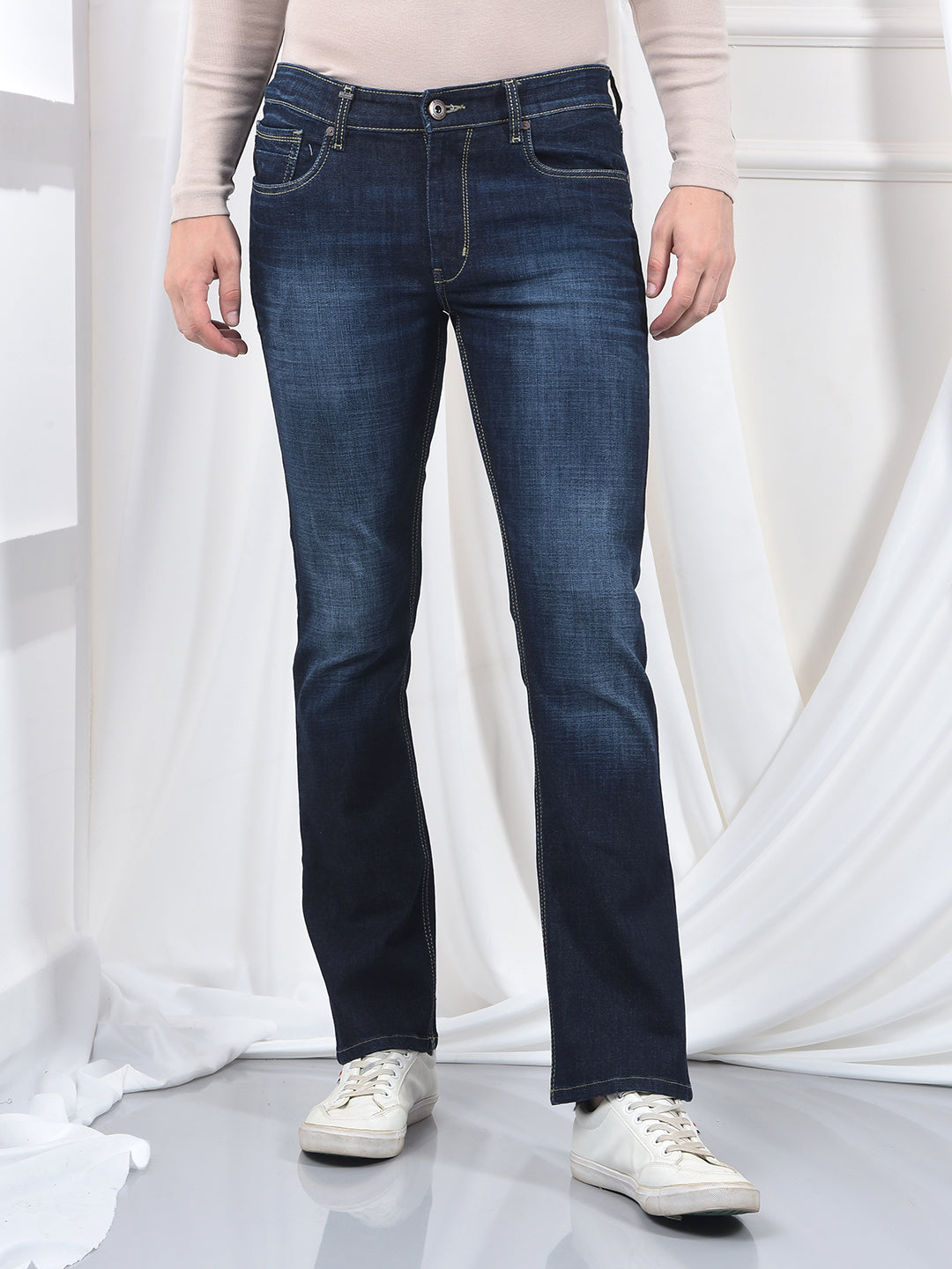 Buy Men's Blue Mid Rise Bootcut Fit Sustainable Jeans Online | Numero Uno