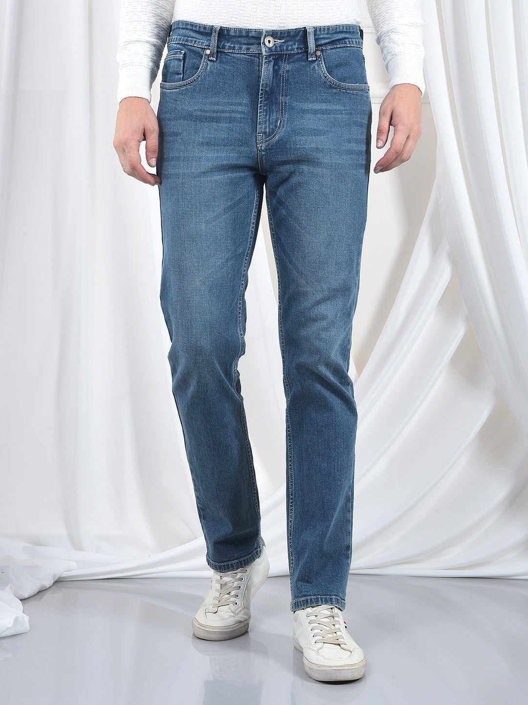 Buy Men's Blue Mid Rise Slim Fit Sustainable Jeans Online | Numero Uno