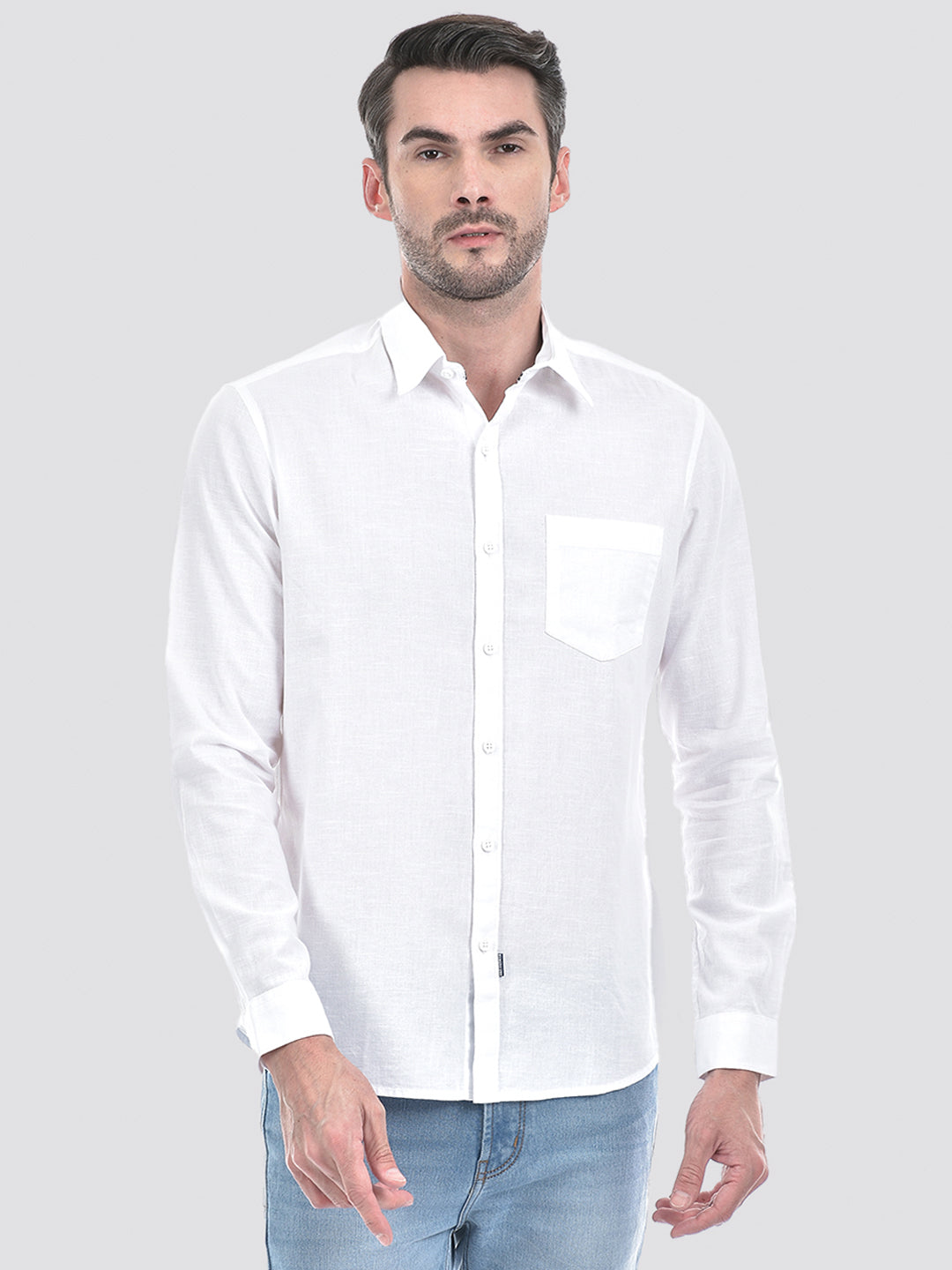 Buy Men's Cotton Linen Solid White Full Sleeve Shirt Online | Numero Uno