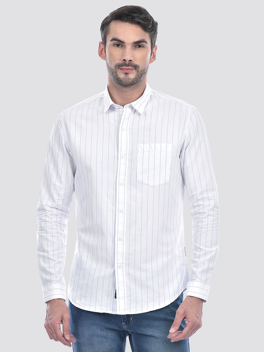 Buy Men's Stripe White Slim Fit Shirt Online | Numero Uno
