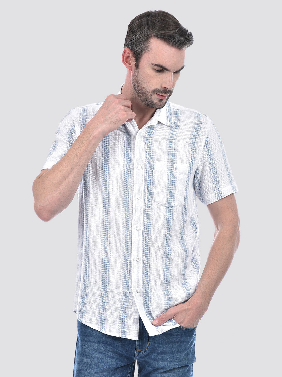 Buy Men's Stripe White Slim Fit Shirt Online | Numero Uno