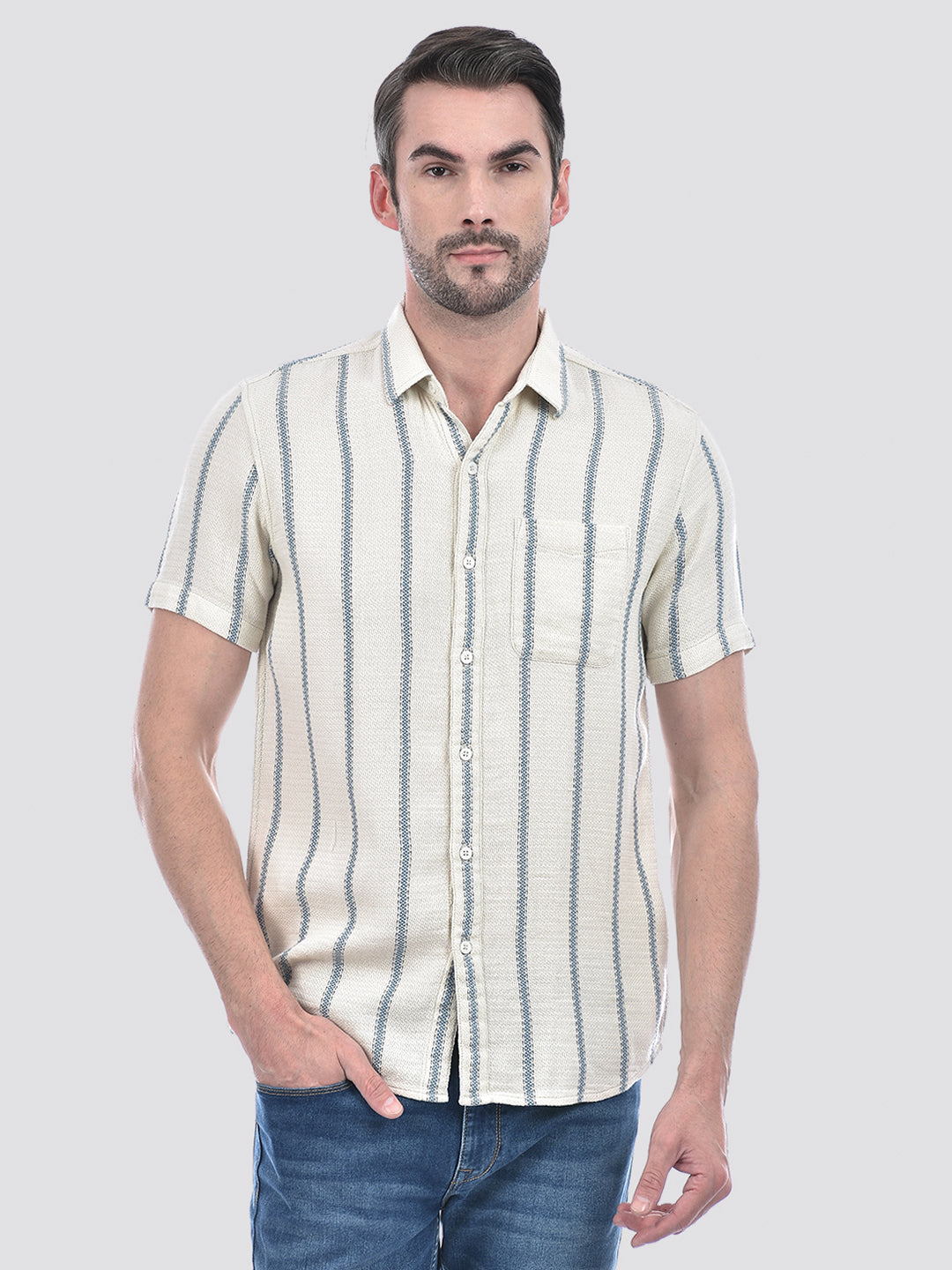 Buy Men's Stripe White Regular Fit Shirt Online | Numero Uno