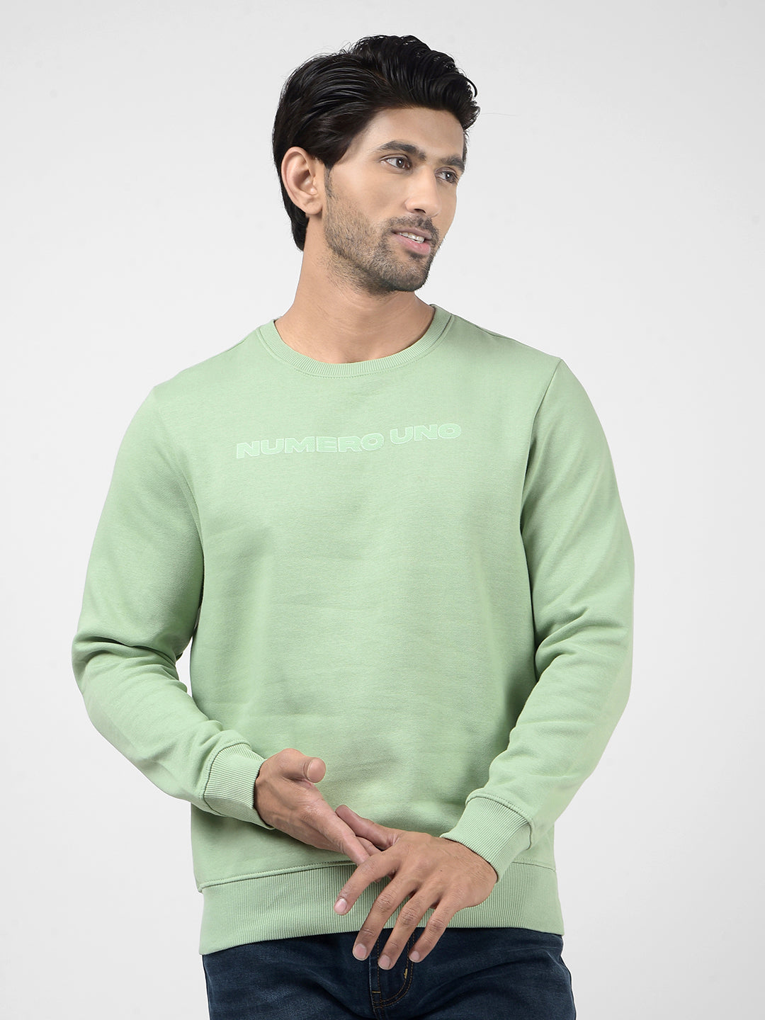 Buy Men's Solid Green Round Neck Regular Fit Sweatshirt Online | Numero Uno