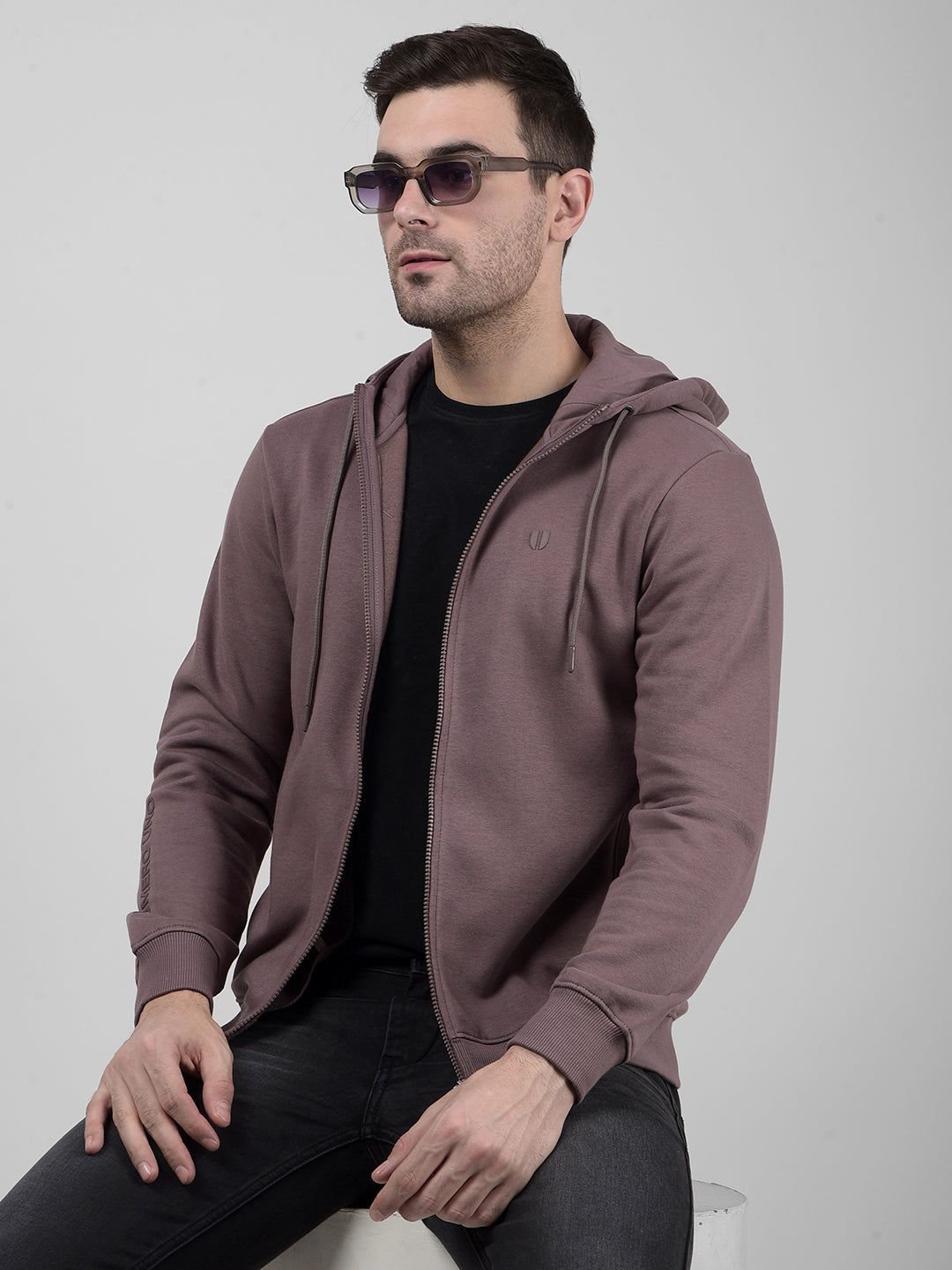 Buy Men's Solid Brown Front Open Zipper Brushed Fleece Sweatshirt ...