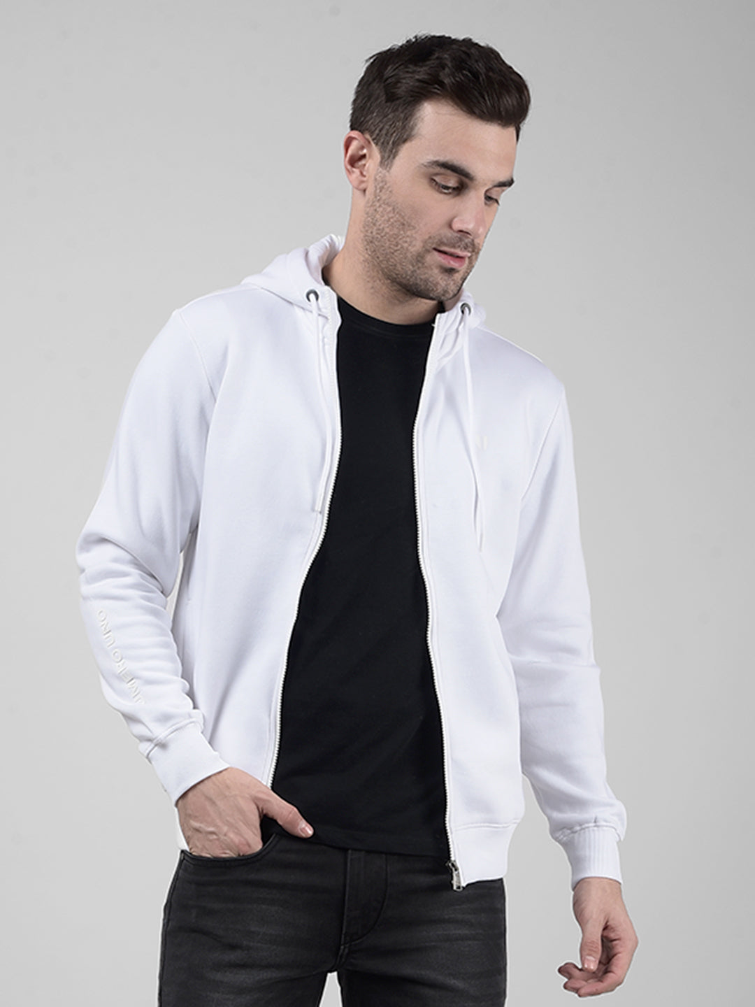 Buy Men's Solid White Front Open Zipper Brushed Fleece Sweatshirt ...