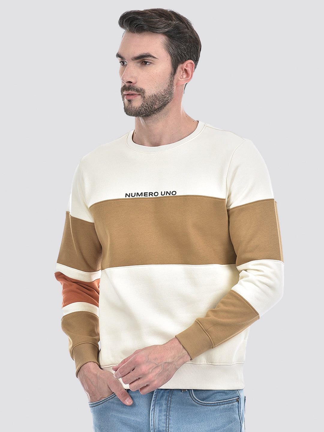 Buy Men's Cream Color Block Round Neck Sweatshirt Online | Numero Uno