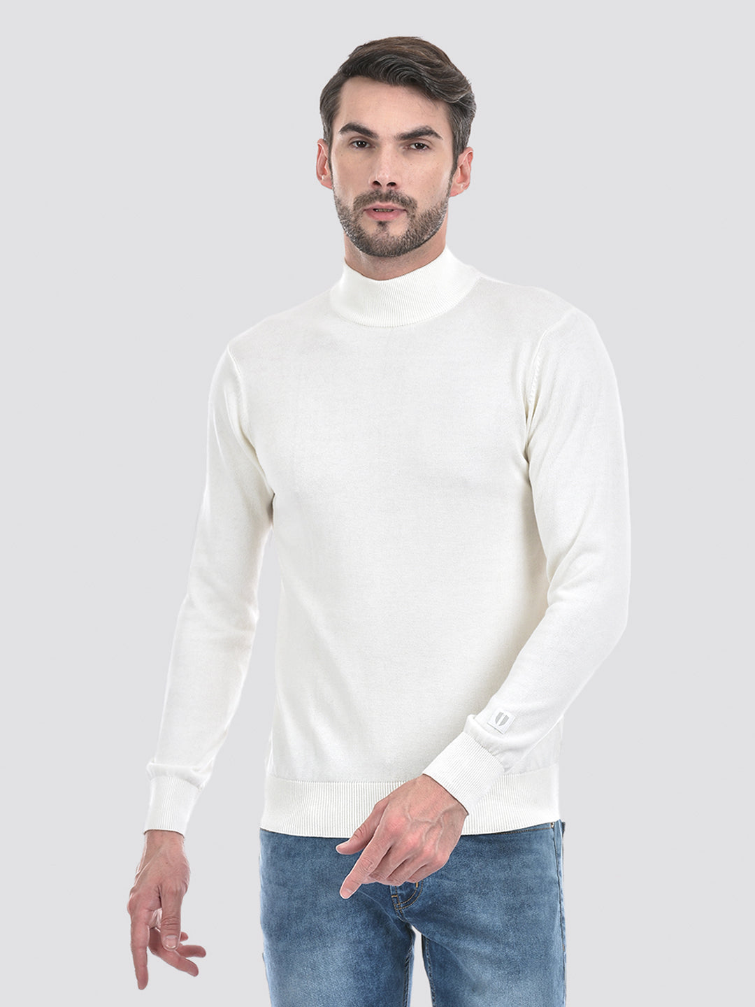 Buy Men's Solid White Mock Neck Sweater Online | Numero Uno